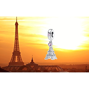 YQSLIN Eiffel Tower Dangle Charm Pink Rhineston Heart Love Travel Paris Bead Charms fit Pandora Charm Bracelet Necklace for Women