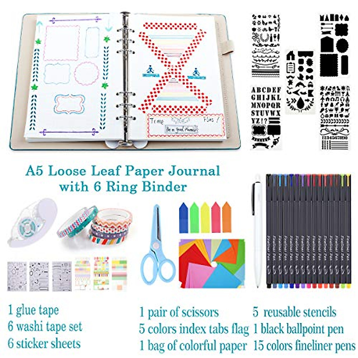 Dotted Journal Kit, Tebik A5 Bullet Grid Journal loose leaf with 6 Ring Binder, 240 Pages, 15 Colored Pens, Stencils, Stickers, Tapes for Journal Diary Schedule Planner, 5.25" x 8.25" - Teal