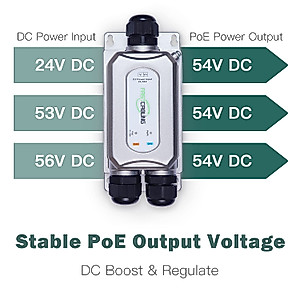 FASTCABLING 30W Outdoor PoE Injector for Mesh Network, 24V-56V Input, Accept Solar Power, Hardened Grade, Wide Range Temperature -40-75 Degree, IEEE802.3at/bt