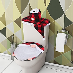 JAPIIM Christmas Toilet Seat Cover, 4pcs Christmas Bathroom Decorations, Swedish Christmas Bathroom Decor, Black Red Plaid Xcmas Decorations, Gnome Toilet Tank Cover for Christmas Bathroom Decoration