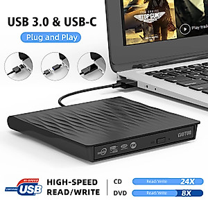 YOTUO External DVD Drive for USB 3.0 Type C, Portable DVD Write CD Burner RW ROM Optical Drive Player Reader Disk Disc with Laptop Desktop PC Windows 11/10/8/7, Mac Pro/Air MacBook, Linux (SY-IDD021)
