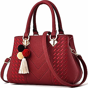 YOUNXSL Womens Leather Handbags Purses Top-handle Totes Satchel Shoulder Bag for Ladies with Pompon and Tassel Wine