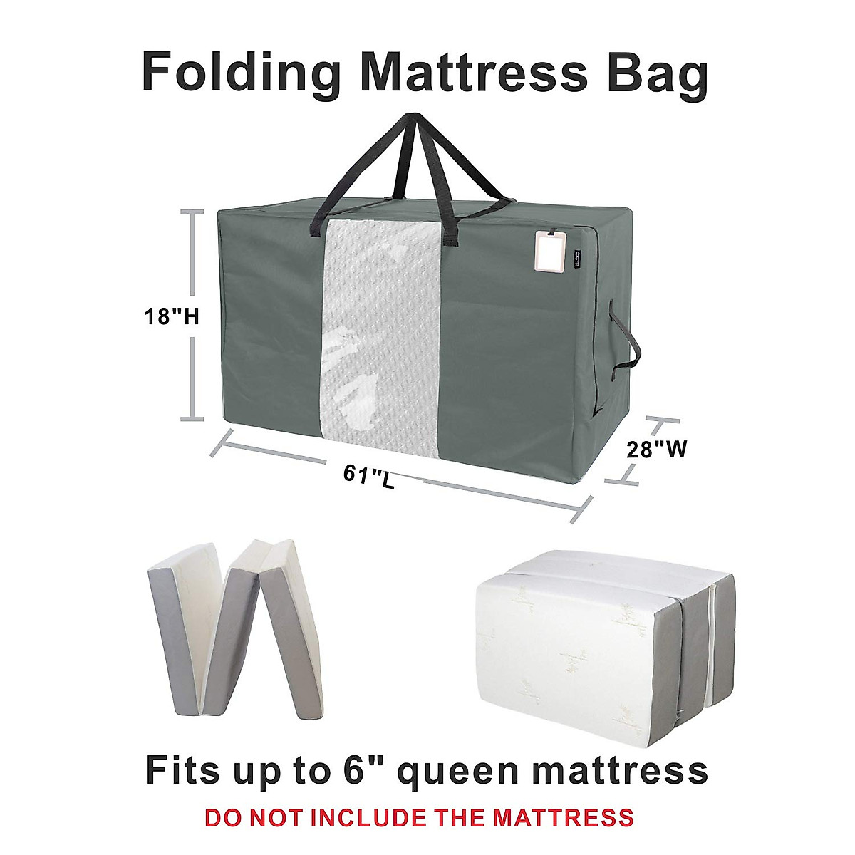 HYPER VENTURE Folding Mattress Storage Bag - Durable Carry Case Fits for Tri-Fold Up to 6 inches Queen Mattress, Grey