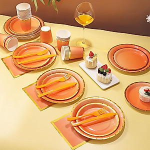 Gudvilla Orange Party Decorations, 168Pcs Orange Paper Plates and Napkins Party Supplies, Fall Paper Plates Serve 24, for Birthday Graduation Fall Thanksgving