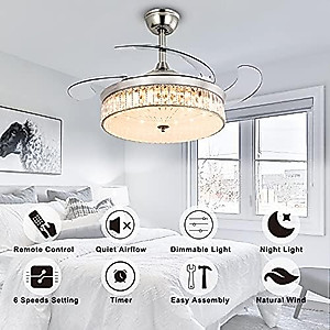 Ohniyou 42" Retractable Ceiling Fan with Light and Remote,Crystal Chandelier Ceiling Fan for Bedroom Living Room Indoor (Chrome Silver)