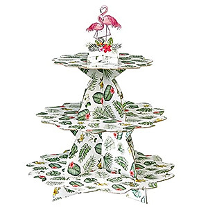 BORAMDO Flamingo Cardboard Cupcake Stand，3-Tier Tropical Leaves Pattern Dessert Tower，Hawaiian Luau Cake Holders for 24 Cupcakes, Kids Birthday Baby Shower Wedding Party Supplies (Hawaii Leaves)