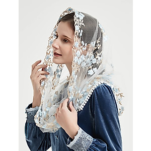 YuRongsxt Lace Infinity Chapel Veil Mantilla Veil Multicolored Embroidered Cherry Blossom Style Latin Mass M7 (Marian Blue+Pale Gold)