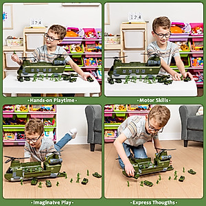 JOYIN Military Transport Cargo Airplane Car Toy Play Set Including Friction Powered Helicopter with Light, 6 Die-Cast Military Cars & 12 Army Men Figures for Over 3 Years Old Boys and Girls