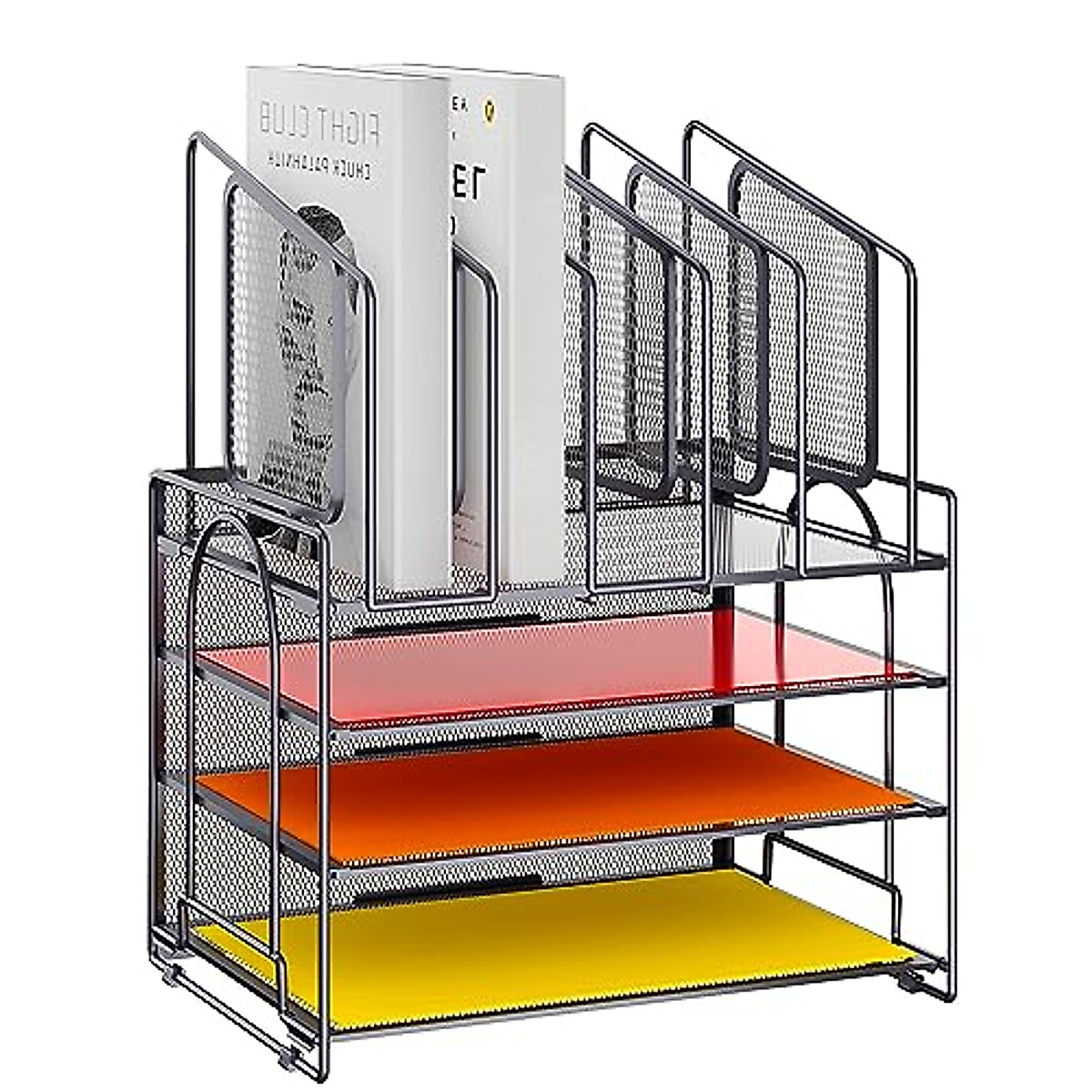 Marbrasse Mesh Desk Organizer, 4-Tier Mesh Desk File Organizer with 5 Vertical File Holders, Multifunction Desktop Organizer, Desk Organizers and Accessories for Home Office School,Grey