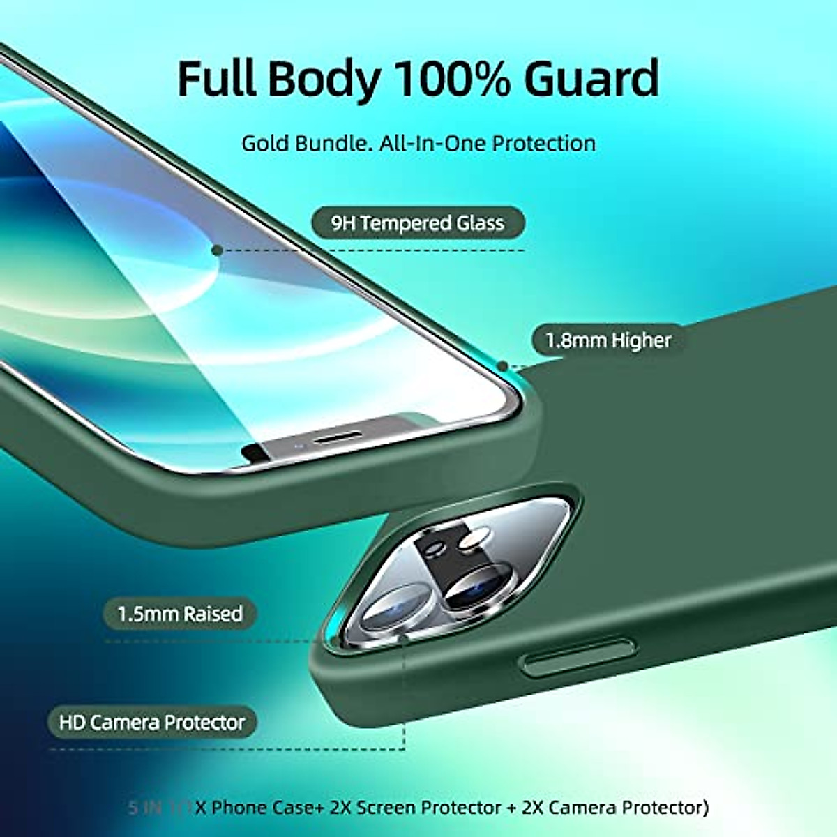 JTWIE [5 in 1 Compatible with iPhone 12 Mini Case,Shockproof Silicone Case with [2 Screen Protectors and 2 Camera Protectors] for iPhone 12 Mini 5.4 Inch Green……