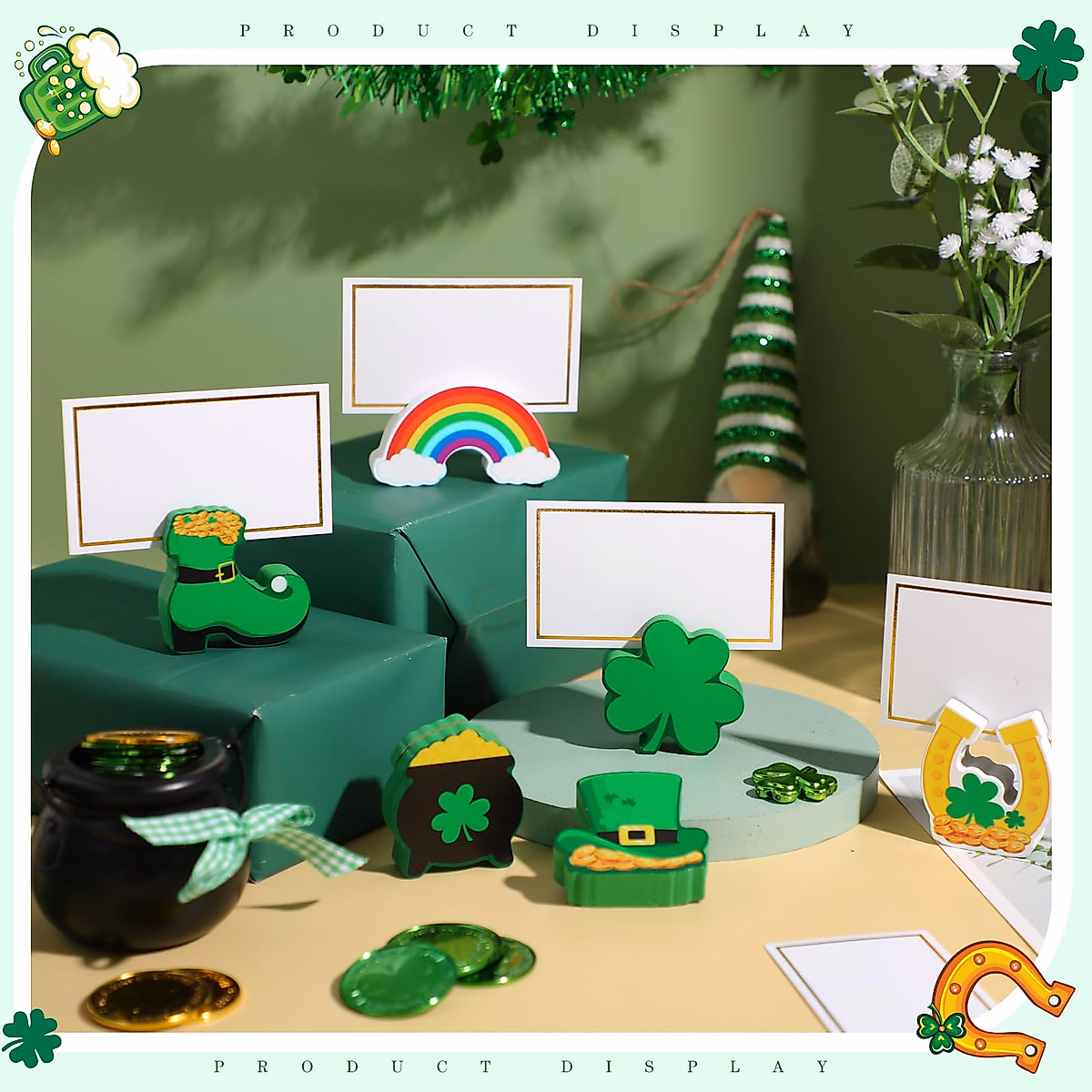 Kigley 18 Pcs St. Patrick Wooden Place Card Holder and 25 Pcs Gold Foil White Card Shamrock Wooden Table Sign Picture Number Sign Stands Holder for Spring Wedding Party Events