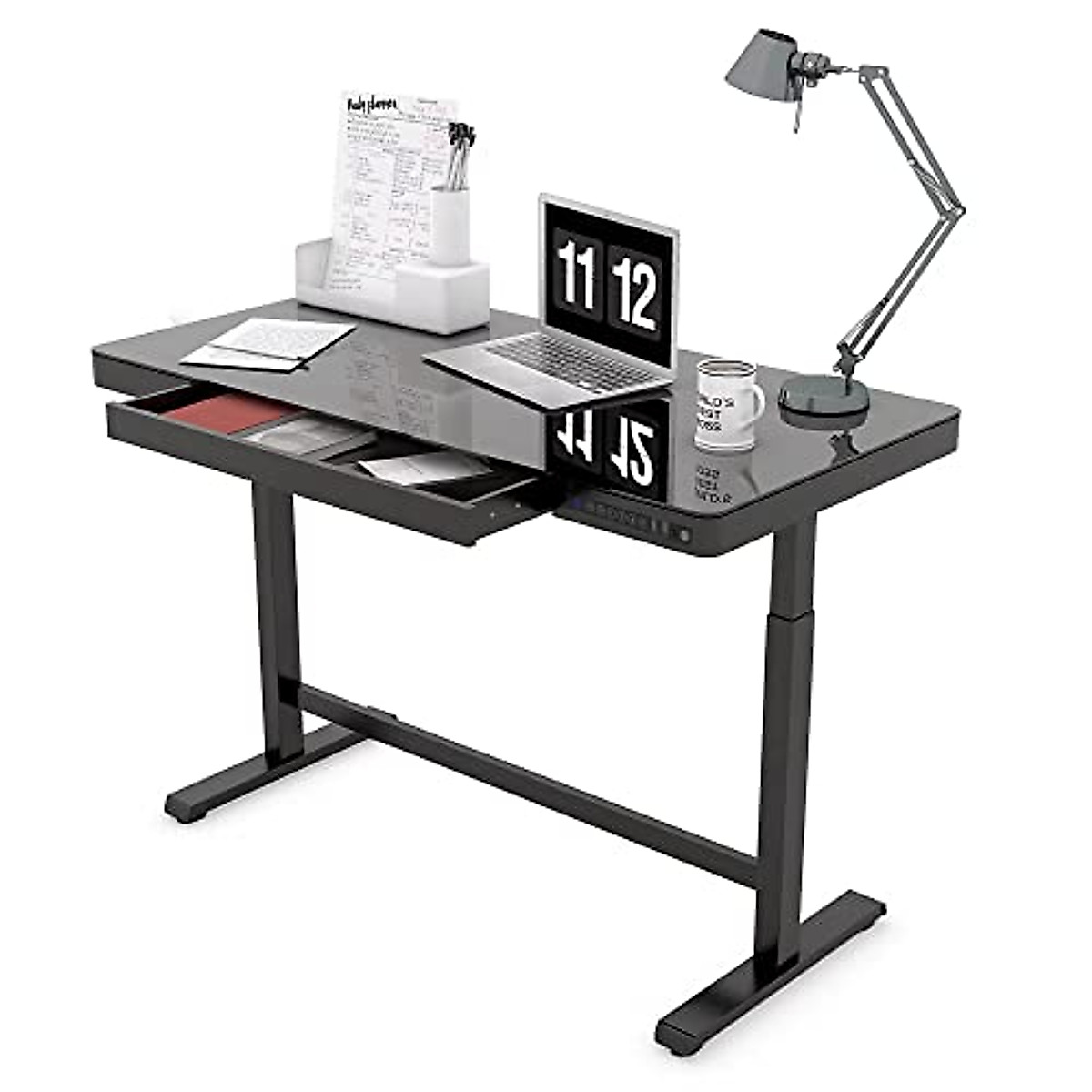 JAHRSTIM Jefferson Glass Standing Desk with Drawer, 48 x 24 Inches Modern Height Adjustable Desk Home Office Sit Stand Up Desk, Electric Motorized Uplift, Memory Control, Child Lock, Black