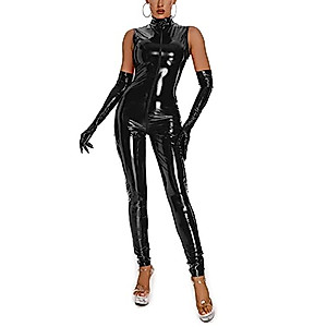 YiZYiF Latex Catsuit, Faux Leather Jumpsuits for Women Wetlook PVC Bodysuit Sexy Bodycon Clubwear Black Medium