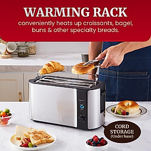 Elite Gourmet ECT-3100 Long Slot 4 Slice Toaster, Reheat, 6 Toast Settings, Defrost, Cancel Functions, Built-in Warming Rack, Extra Wide Slots for Bagels & Waffles, Stainless Steel & Black
