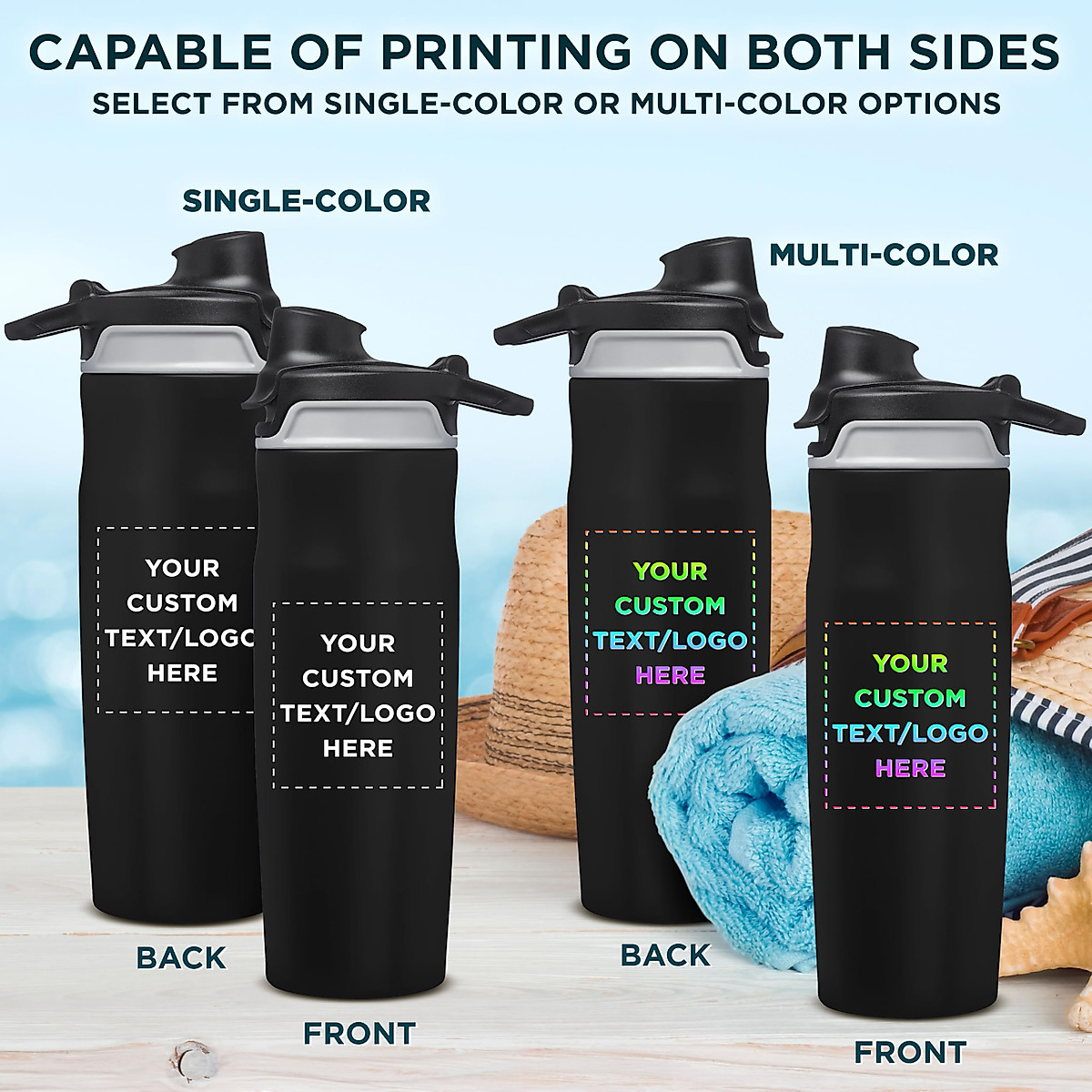 DISCOUNT PROMOS Custom Juno Water Bottles with Flip Lid 20 oz. Set of 24, Personalized Bulk Pack - Reusable, Great for Gym, Hiking, Cycling and for School - Black