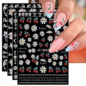 JMEOWIO 3D Embossed Spring Flower Nail Art Stickers Decals Self-Adhesive Pegatinas Uñas 5D Colorful Summer Floral Nail Supplies Nail Art Design Decoration Accessories 4 Sheets