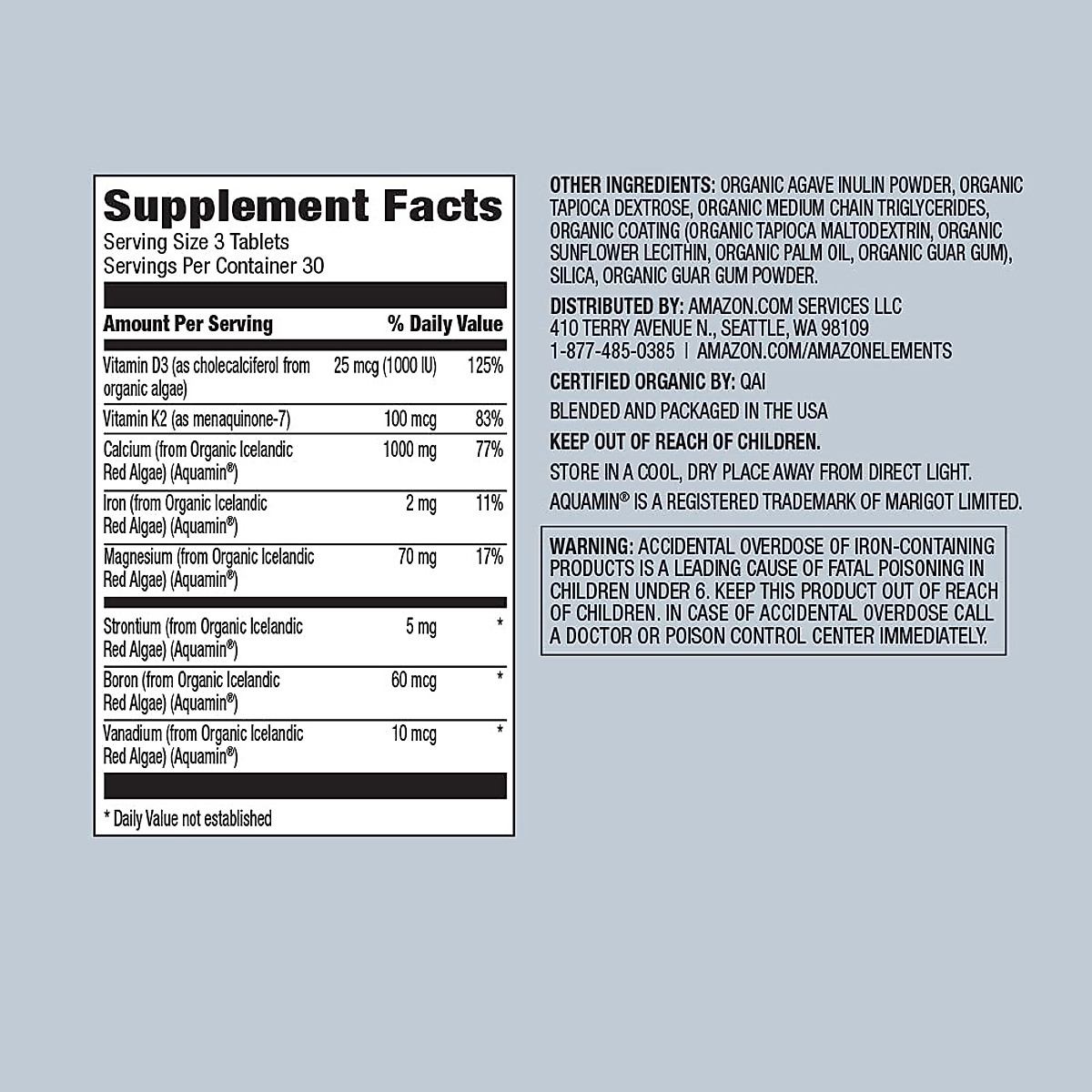 Amazon Elements Organic Whole Food Calcium & Magnesium, 90 tablets