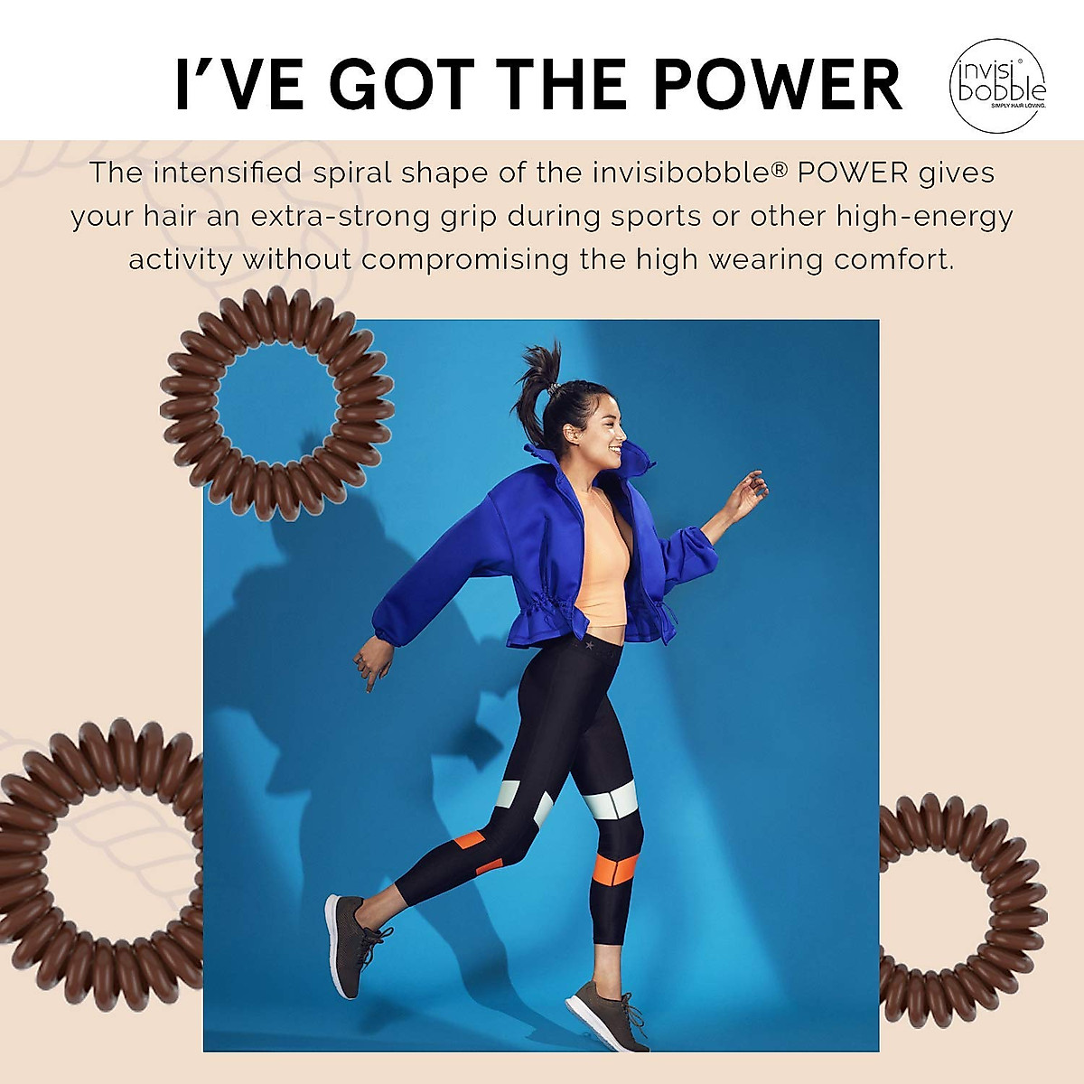 invisibobble Power Traceless Spiral Hair Ties - 3 Pack - Pretzel Brown - Strong Elastic Grip Coil Hair Accessories for Active Women - No Kink, Non Soaking - Gentle for Girls Teens and Thick Hair