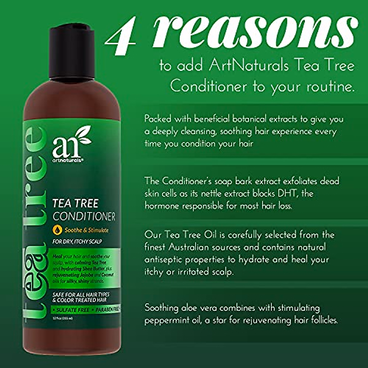 artnaturals Tea Tree Conditioner 12 Fl Oz / 355ml - Made w/ 100% Pure Natural Therapeutic Grade Tea Tree Essential Oil - For Dandruff, Sensitive, Itchy, Dry scalp - For Men & Women