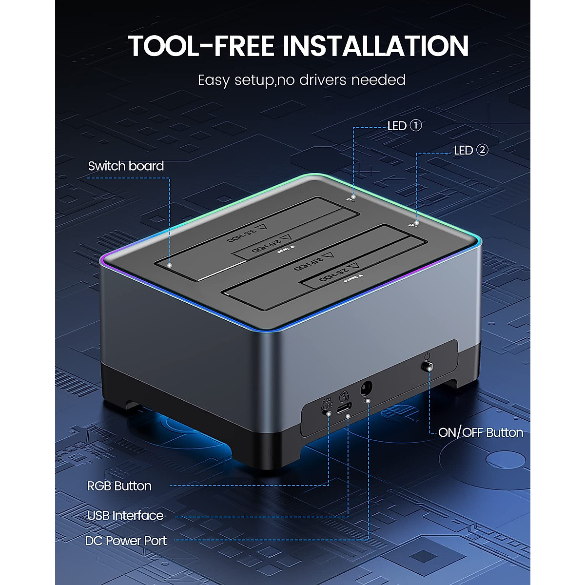 ORICO RGB Hard Drive Docking Station USB 3.2 Gen 1 Aluminum External Hard Drive Dock for 2.5''/3.5'' HDD SSD Up to 36TB Include 10Gbps Data Transfer USB-C&USB-A 2IN1 Cable -5528C3