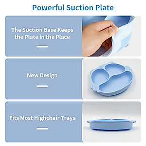 CUAIBB Suction Plates for Baby, 100% Food-Grade Silicone Toddler Plates, BPA Free Divided Plate Slip Resistant, Microwave & Dishwasher Safe (With Silicone Straw, Silicone Spoon and Fork