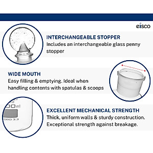 EISCO Reagent Bottle, 1000ml - Wide Mouth and Glass Penny Stopper Borosilicate 3.3- Eisco Labs