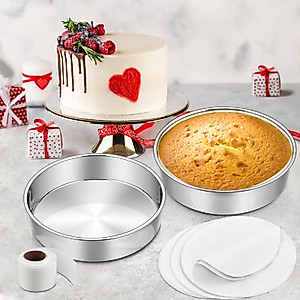 E-far 8 Inch Cake Pan Set of 2, Stainless Steel Round Layer Cake Baking Pans with Parchment Rounds & Side Liner Roll, Non-Toxic & Healthy Metal Cakes Tin, Straight Side & Dishwasher Safe