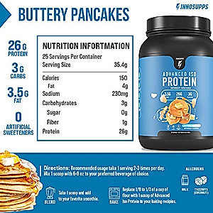 InnoSupps Advanced Iso Protein | 100% Whey Isolate Protein Powder | No Artificial Sweeteners| Low Fat, Low Carbs | 25g of Protein | Hormone Free, Gluten Free, Soy Free | (Buttery Pancake)