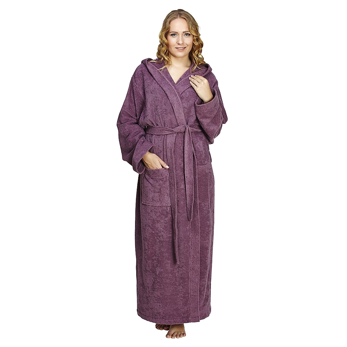 Arus Womens Pacific Long Style Full Length Robe Hooded Turkish Cotton Plum X-Large