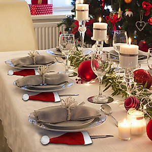 GSD 32pcs Santa Tableware Holders Wine Bottle Cover Silverware Cutlery Decor for Christmas Dinner Table Decorations, (Red & White)