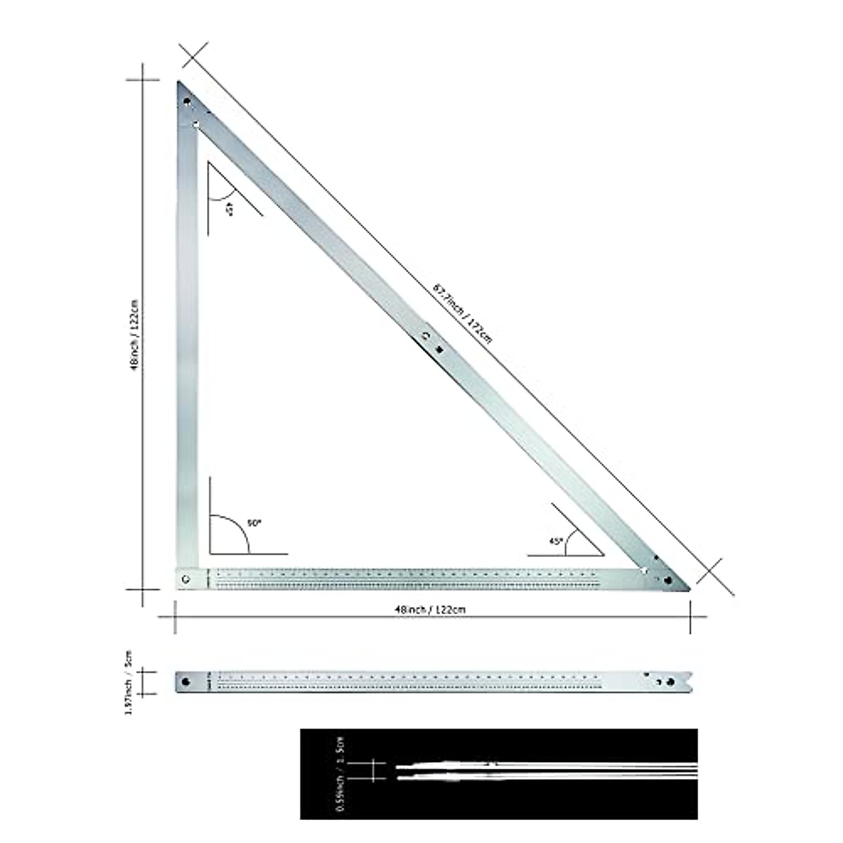 Triangle Ruler 48 Inches Folding Aluminium Framing Square Construction Tools Combination Carpentry Squares in Framing Roofing Stair Work Woodworking Movable Right Angle 90°45 Degree Angle Ruler