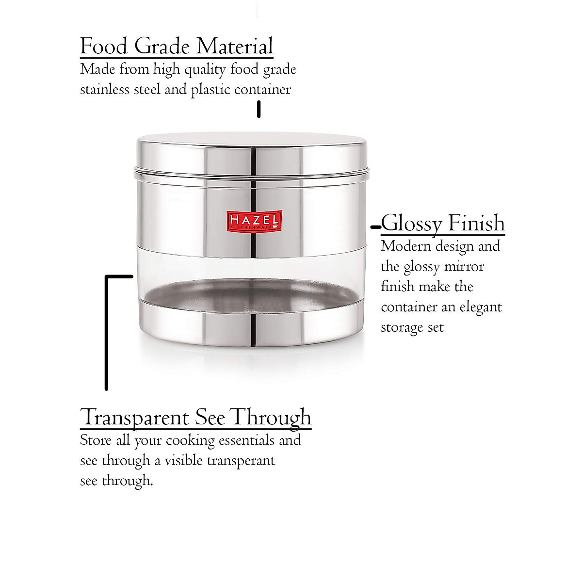 HAZEL Stainless Steel Containers Set For Kitchen Storage Glossy Finish Transparent See Through Storage Jars Dabba, Set of 2, 1500 ML Each, Silver