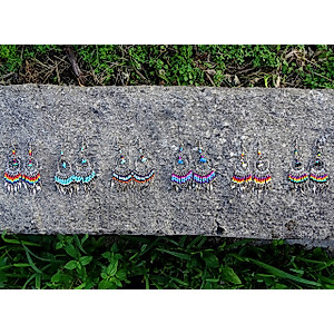 Native American Inspired Chip Stone Round Silver Metal Hoop Beaded Dangle Earrings - Womens Fashion Handmade Jewelry Tribal Accessories (Teal/Rainbow)