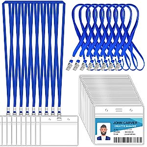 50 Pcs Clear Horizontal Badge ID Card and 50 Pcs Lanyard, Reusable Lanyards for Id Badge Holder Name Tag Badge Holder with Lanyards for Adults Kids Business School Conferences (Blue)