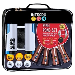 IntegraFun Pro Ping Pong Paddle Set with Ping Pong Net- Bracket Clamps,3-star Ping Pong Balls, Storage Case - Retractable Net and Post Set Adjustable to any Table - Indoor Outdoor Games for Family