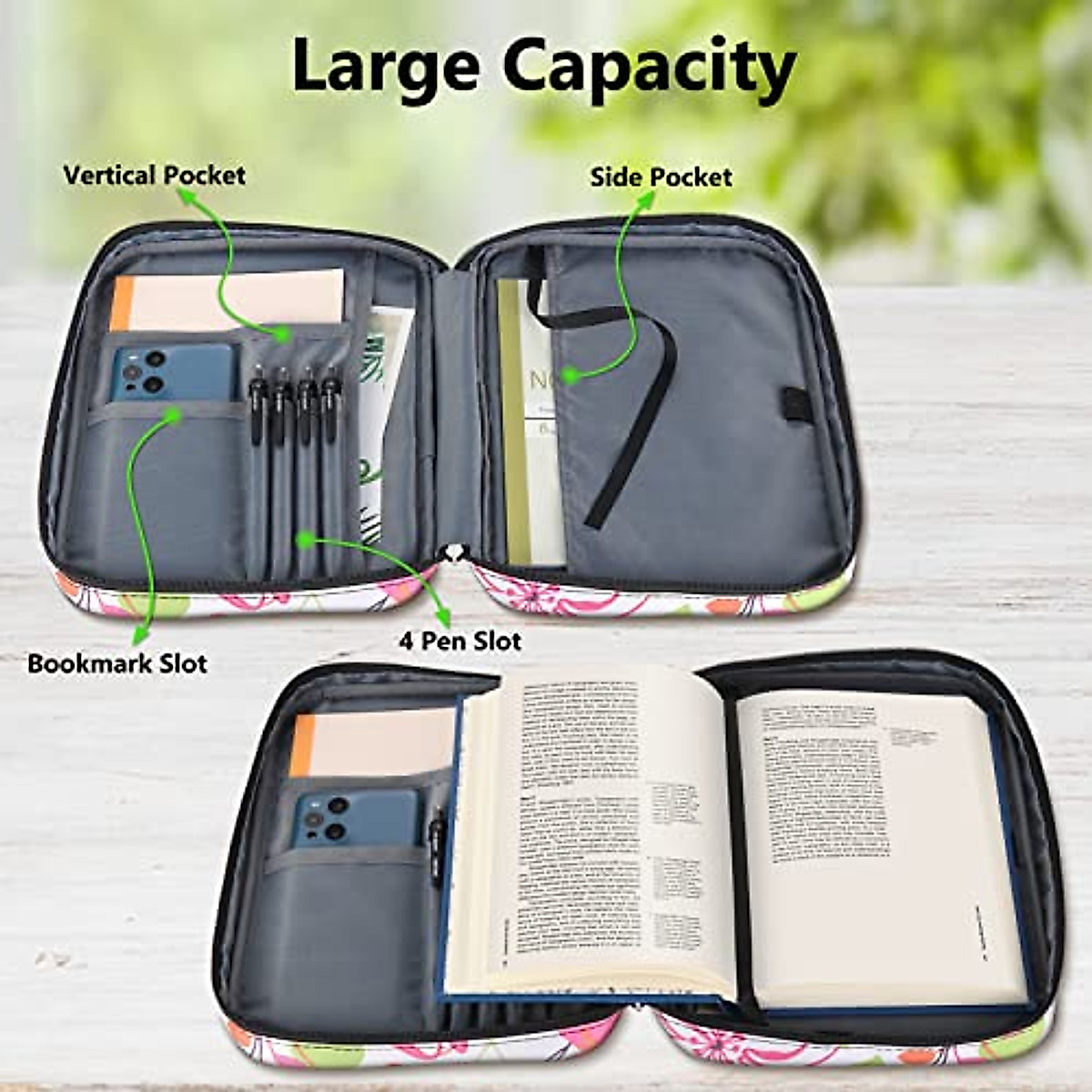 Floral Bible Cover, Carrying Book Case Church Bag Bible Protective with Handle and Zippered Pocket, for Men Women Father Kids 10.4" x7.8"x2.2"