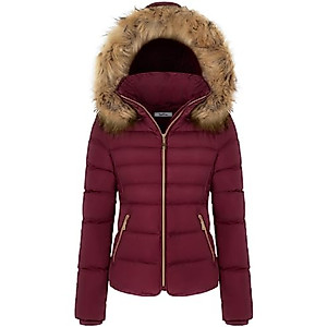 BodiLove Women's Winter Quilted Puffer Short Coat Jacket with Removable Faux Fur Hood and Zipper Burgundy L