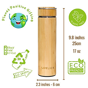 UPFLICK Bamboo Tea Tumbler with Infuser for Loose Tea 17 oz Insulated Water Bottle Gift for Women Birthday Coffee Thermos Stainless Steel Leak Proof Keep Hot Cold Drink for Gym, Sport, Camping, Yoga.