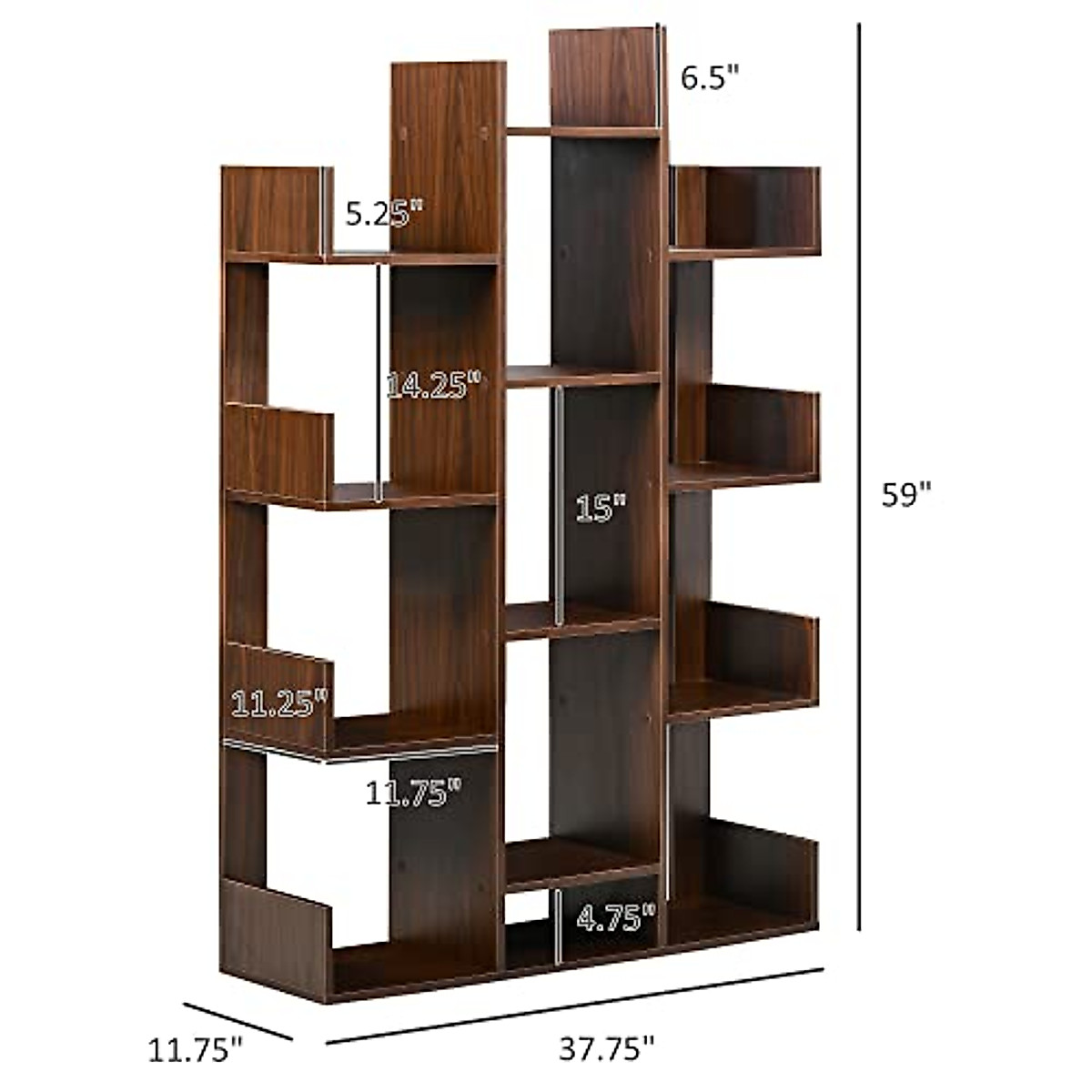 HOMCOM Tree Bookshelf, Modern Freestanding Bookcase with 13 Open Shelves, Display Unit for Living Room, Study or Office, Brown