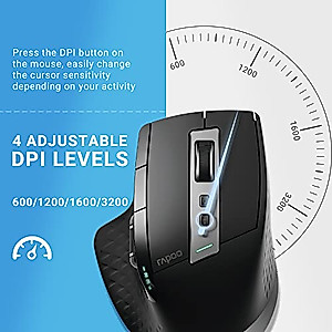 Rapoo Bluetooth Wireless Mouse, 4 Adjustable DPI Rechargeable Bluetooth Mouse, Multi-Device (3 Bluetooth+USB) Programmable Ergonomic Mouse with Side Roller, Laser Mouse for Laptop Desktop PC