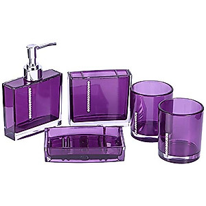 Bathroom Accessories Set, 5 Piece Acrylic Bath Accessory Bathroom Supplies Set Includes Emulsion Bottle, Tooth Brush Holder, Soap Dish, 2 Gargle Cup for Countertop and Housewarming Gift, Purple