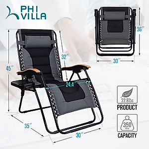 PHI VILLA XL Oversize Zero Gravity Chair Padded Recliner Oversize Lounge Chair with Free Cup Holder,Support 350 LBS (Grey)