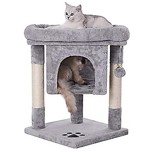 BEWISHOME Cat Tree Cat House Cat Condo with Sisal Scratching Posts, Plush Perch, Cat Tower Furniture Cat Bed Kitty Activity Center Kitten Play House, Light Grey MMJ08G