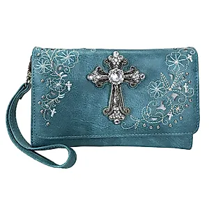 Zzfab Rhinestone Cross Embroidered Floral Western Cross Wallet Turquoise