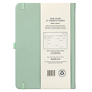 Busy B Mid Year 17 Month Diary August 2023 - December 2024 - Sage - Faux Leather Academic Diary with Week to View Planner with Pen Holder, Elastic Closure and Storage Pockets