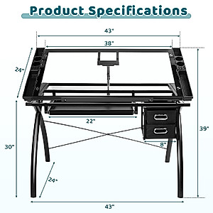 Clevich Glass Tabletop Drafting Table, Drawing Desk w/2 Drawers and Side Tray, 0-65°Angle Adjustable Versatile Art Craft Station, Craft Table w/Sturdy Metal Frame, for Artists Painters Student