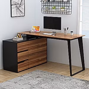 Homsee Home Office Computer Desk Corner Desk with 3 Drawers, 2 Shelves & 2 Doors, 55 Inch Large L-Shaped Study Writing Table with Storage Cabinet, Black & Brown (54.3”L x 40.9”W x 29.1”H)