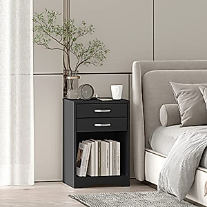 hosote Nightstands Set of 2, Black Nightstand with Charging Station USB Port, Night Stand Bedside Table Bed Side Table End Table Sofa Table with Storage Drawers for Bedroom Living Room