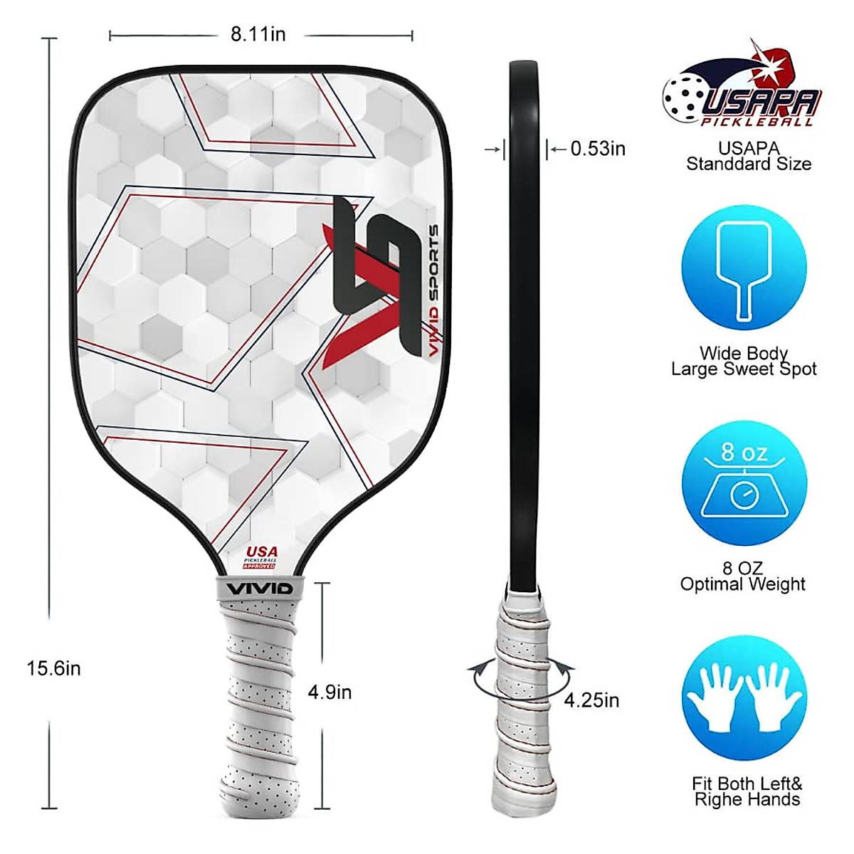 Vivid Sports Graphite Pickleball Paddle Set of 2, Polymer Honeycomb Core, Duffle Bag with 2 Indoor 2 Outdoor Pickle Balls, 2 Neoprene Paddle Covers, USAPA Wide Body Pickleball Raquette (White)