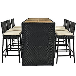 RUNNA 7-Piece Outdoor Patio Dining Set,PE Wicker Bar Furniture Set with Acacia Wood Tabletop and 6 Dining Chairs for Backyard, Garden